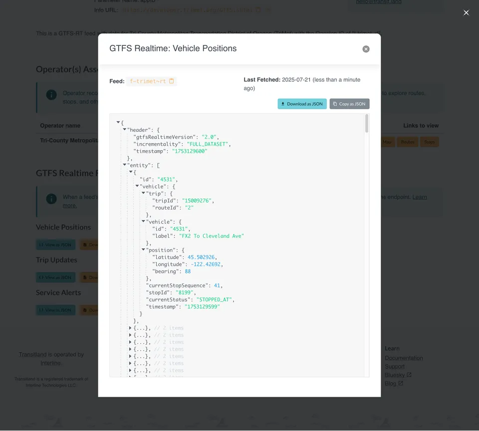 Easily inspect GTFS Realtime using Transitland's website or API ...